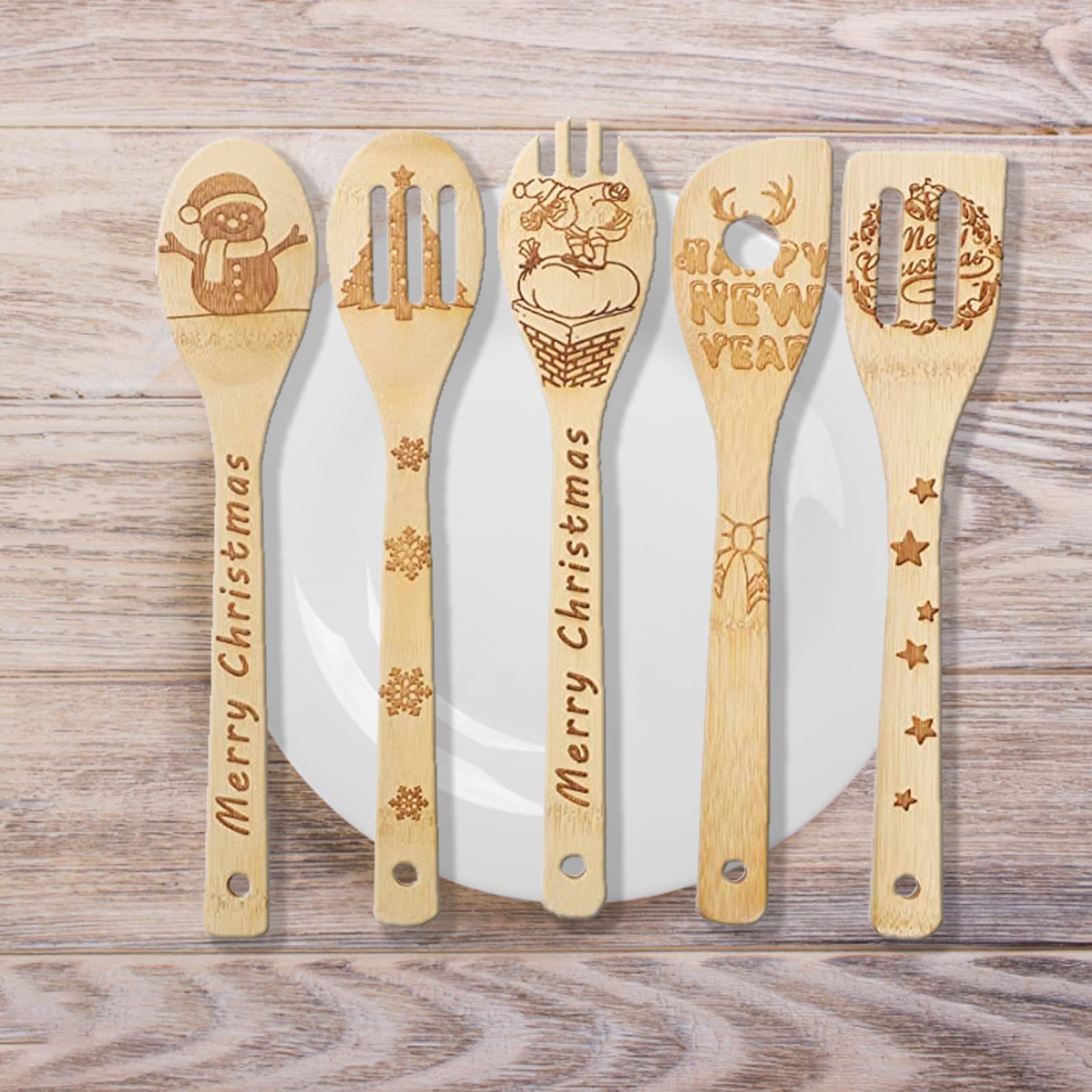 LUKYBIRDS 5Pcs Wooden Spoons Set for Cooking Burned Wooden Spatula Bamboo Spoons Serving Kitchen Utensil Gadgets Fun House Present Slotted Spoon