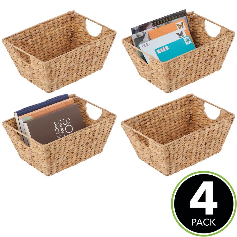 mDesign Natural Woven Hyacinth Closet Storage Organizer Basket Bin for Kitchen Cabinets, Pantry, Bathroom, Laundry Room, Closets, Garage - 4 Pack - Natural