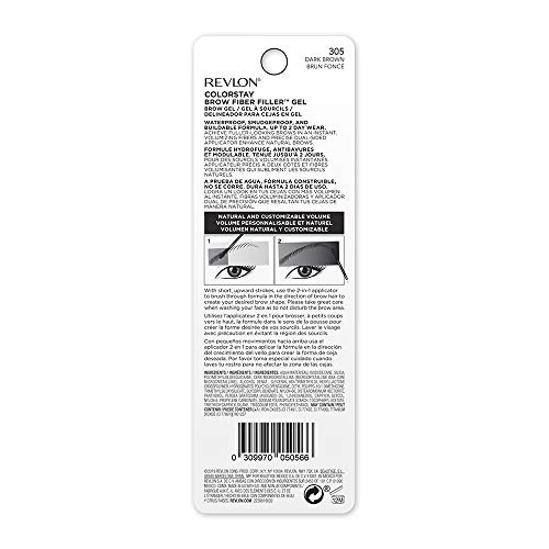 REVLON ColorStay Brow Fiber Filler, Longwearing & Volumizing Waterproof Eyebrow Gel, 305 Dark Brown, 0.23 fl. oz.