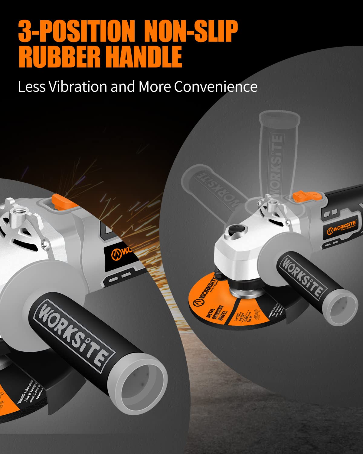 WORKSITE Cordless Angle grinder, 4-1/2 Inch Power Angle Grinder with 4-Pole Motor, Adjustable Auxiliary Handle, Cutting Wheels, Grinding Wheels and Flap Discs, 4.0 Ah Battery & Charger Included