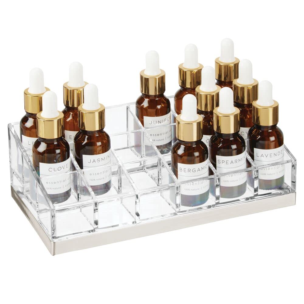 mDesign Plastic Organizer Storage Center for Bathroom Vanity, Countertops, Bedroom Nightstands, 18 Sections - Hold Essential Oil Sets, Makeup Brushes, Cosmetics - Keep Near Diffuser - Clear/Brushed