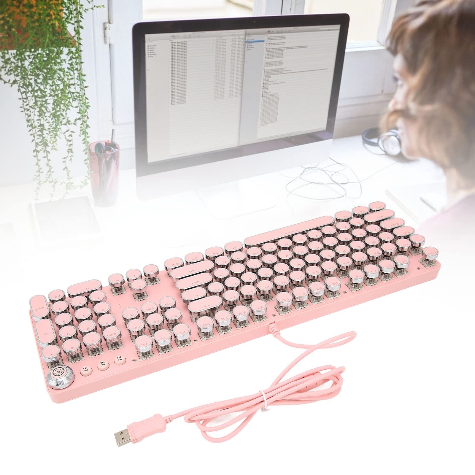 YYOYY Mechanical Keyboard, 104 Keys Punk Keycap, Wired Gaming Keyboard, Multi Light Mode Adjustment, Cute Pink Appearance for Girl, Compact Design, for Computer (902-7 Pink Punk)