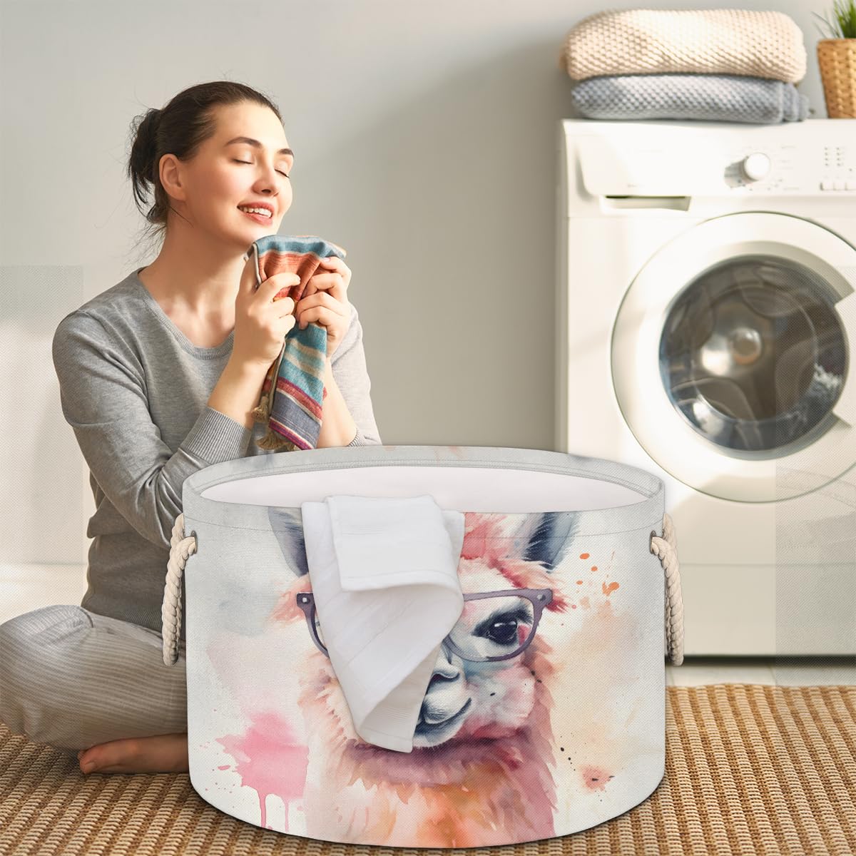 OMFUNS Alpaca Animal Round Storage Basket Extra Large Cute Alpaca Laundry Hamper Basket for Blankets Clothes Cotton Rope Basket Towel Nursery Baby Toy Pet Basket Decorative