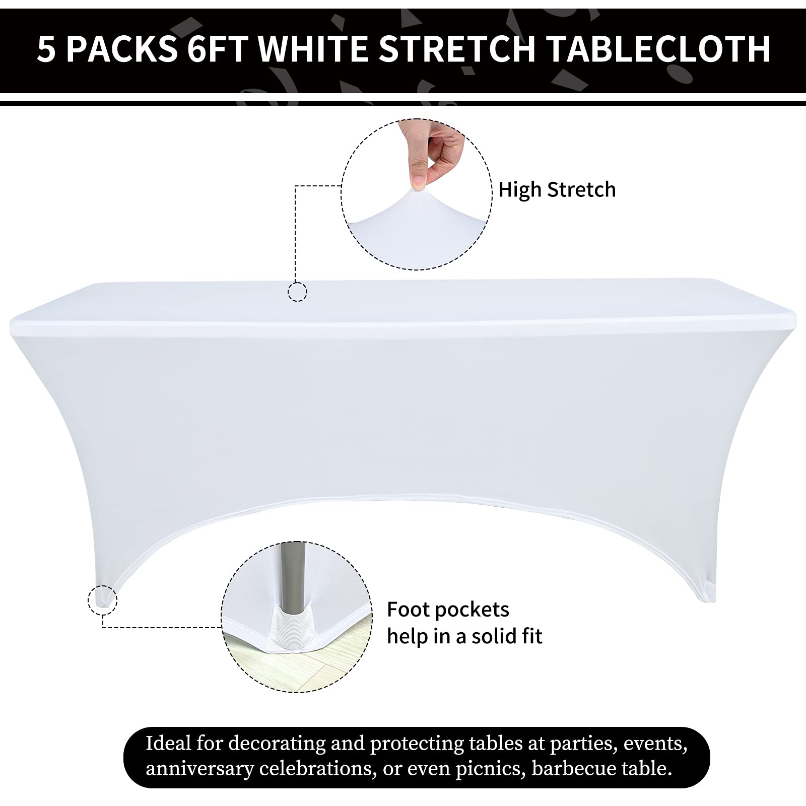 MTREO 5 Packs Rectangular Elasticity Table Cover, Patio Tablecover Cocktail Tablecloth Tight Fit Washable Stretchable Tablecloth for Meeting Wedding Party Show Event (6FT, White)
