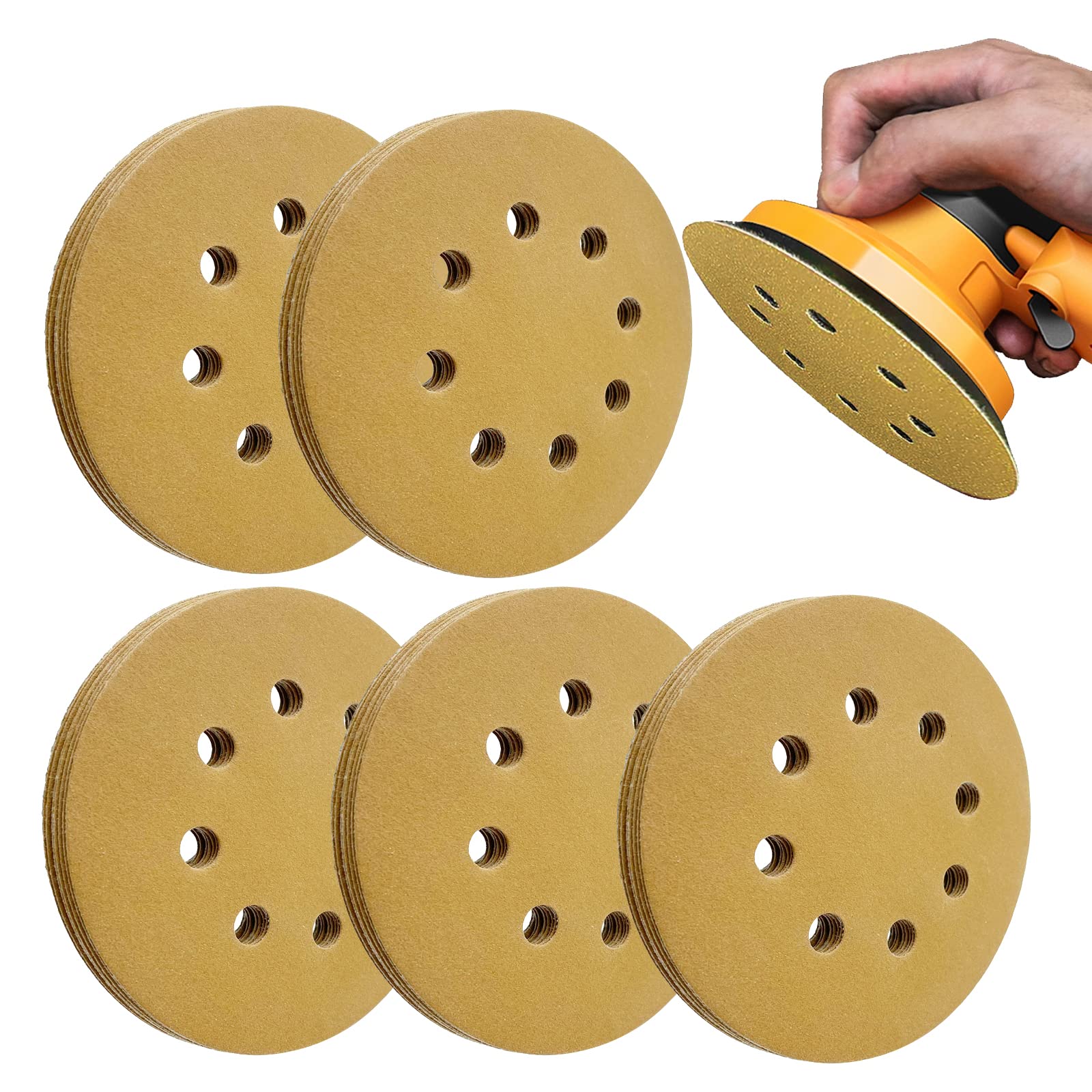 QYQRQF 5 Inch Sanding Discs Hook and Loop, 220 Grits 8 Holes Sandpaper Round Orbital Sander Paper for Woodworking Car Boat Metal Polishing, 50pcs
