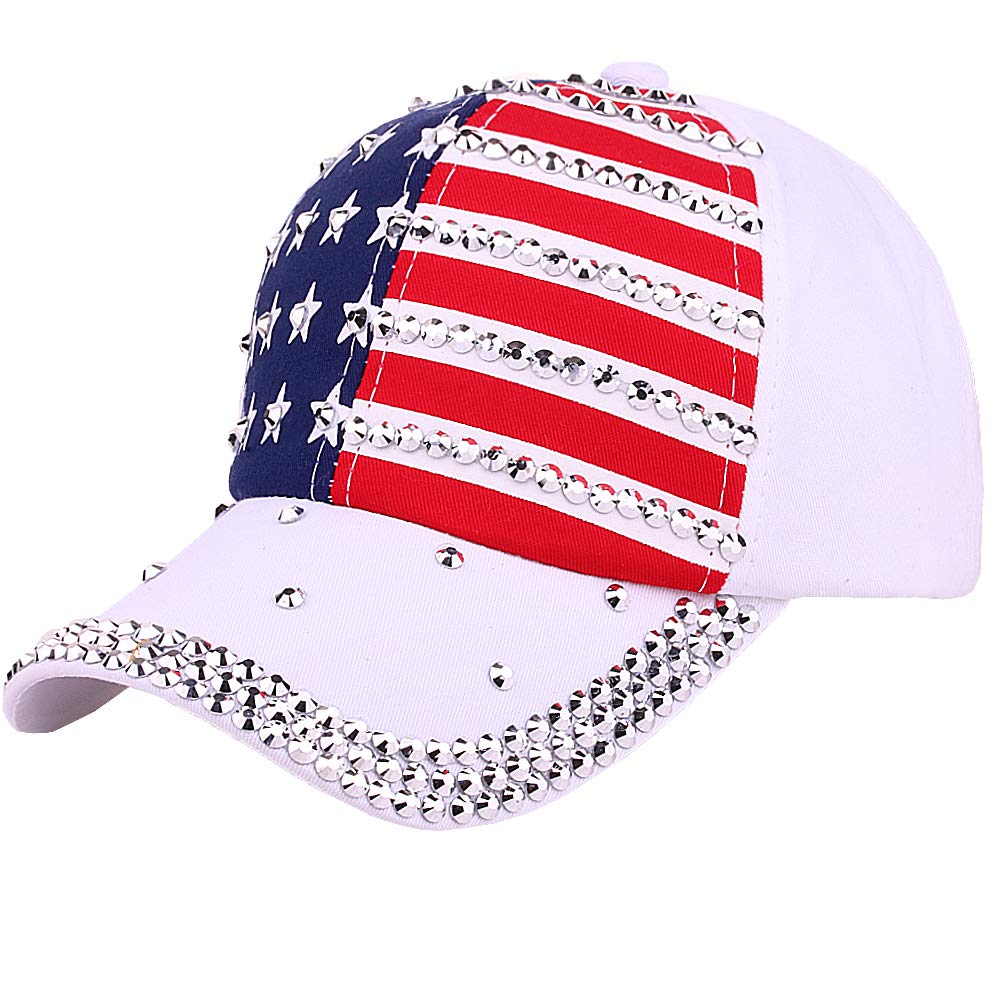 oaesc Patriotic American Flag Baseball Cap USA Bling Sparkle Hat for Women 4th July Summer Sun Cap White