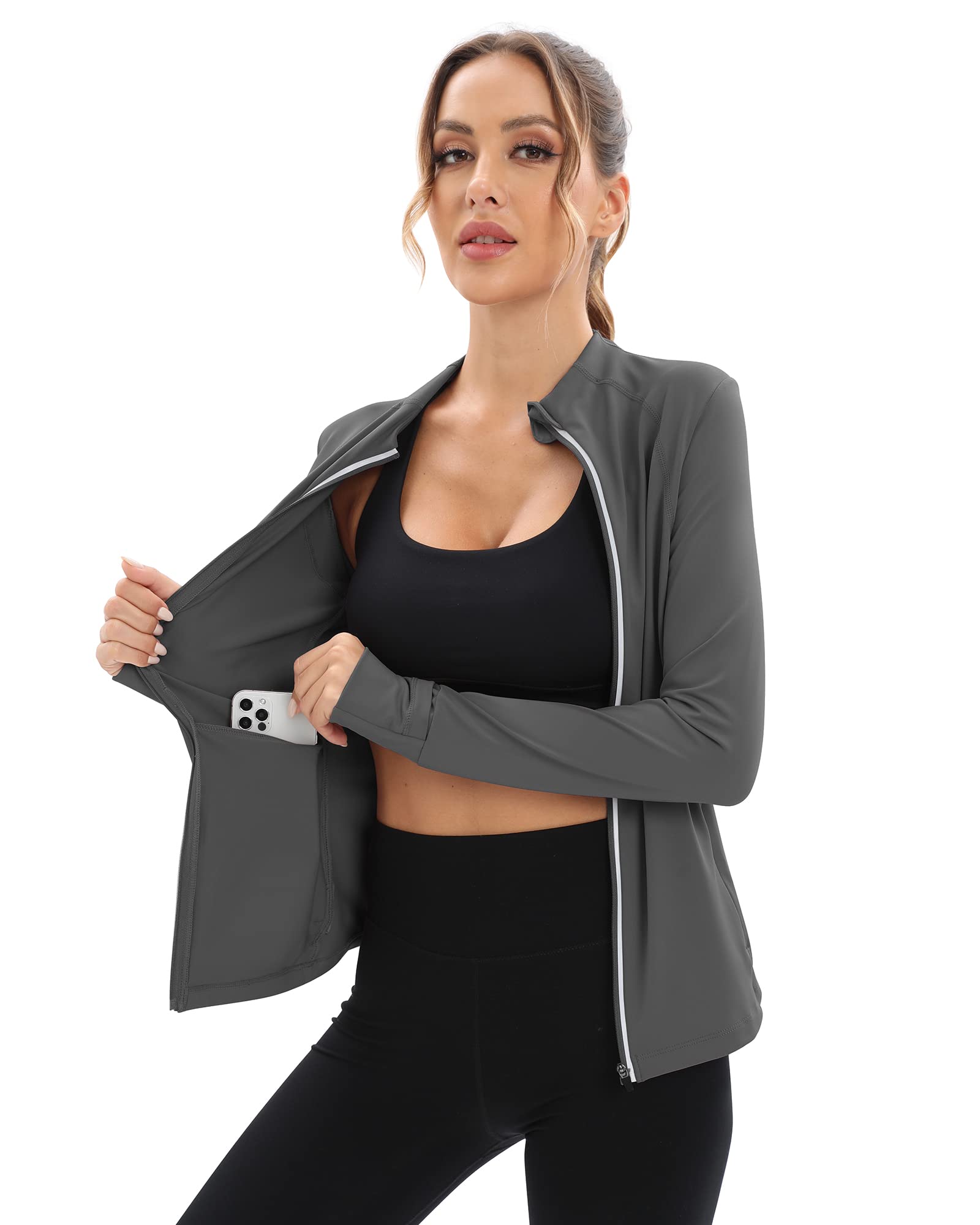 Runhit Lightweight Running Jacket for Women Long Sleeve Compression Shirts Zip Up Athletic Track Jacket UPF 50 Sun Protection Shirts Grey Small