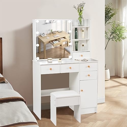 Large Vanity Desk Set with Sliding Mirror and 10 LED Bulbs, 3 Lighting Modes Makeup Table with 5 Drawers, 6 Shelves and Cabinets, White Dressing Table for Bedroom