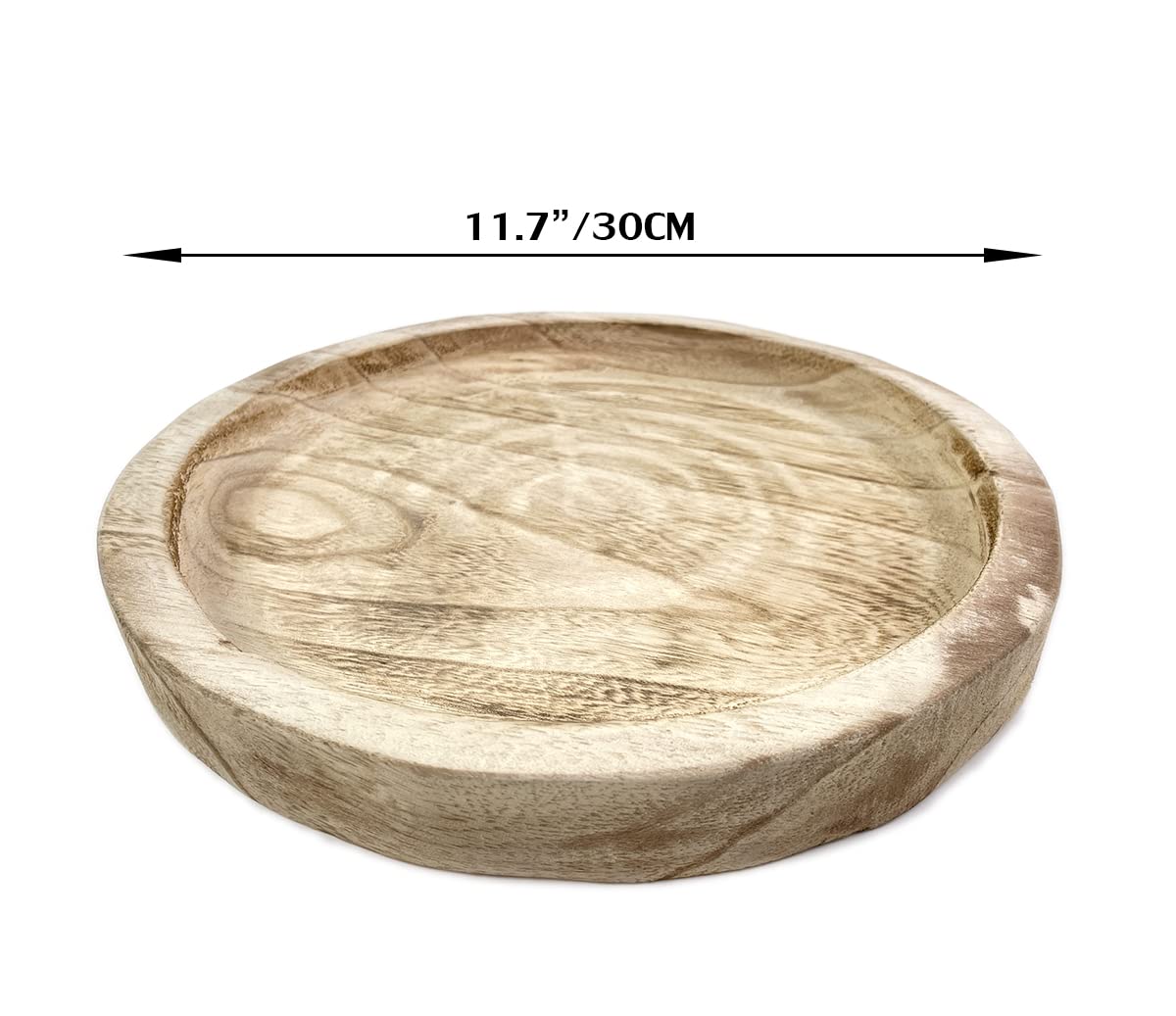 Round Serving Tray Carving Decor Solid Wood Tray Wooden Fruit Snack Plate Candle Holder Tray Natural Handmade Bowl 11.7"