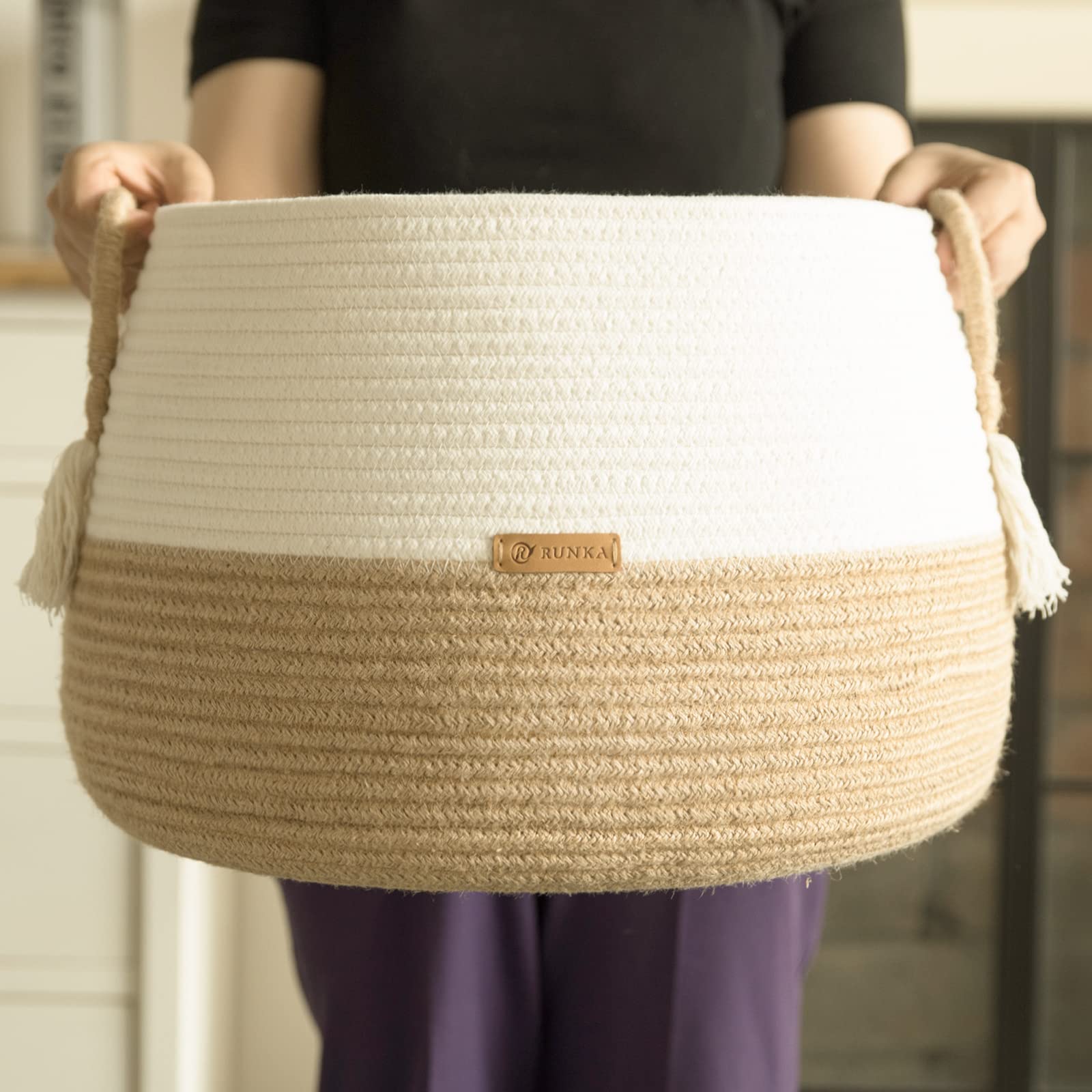 R RUNKA Small Basket for Stuffed Animal,Clothes,Baby Blankets -11.8"x9.8"- Boho Baskets for Living Room,Bedroom,Nursery |Cotton Rope Baskets, Cube Basket, Under Shelf Basket | Baskets for Home Decor