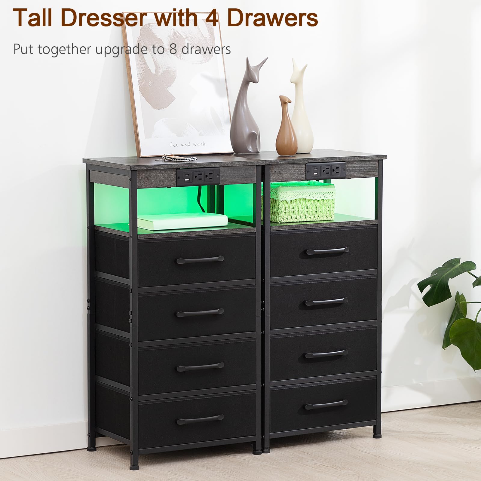 LOAKEKEL Night Stand Set 2, Tall Nightstand with Charging Station, LED End Tables with USB C Ports and 2 Outlets, Bedside Table with 4 Fabric Drawers, Dresser for Bedroom, Black, HNS024BK