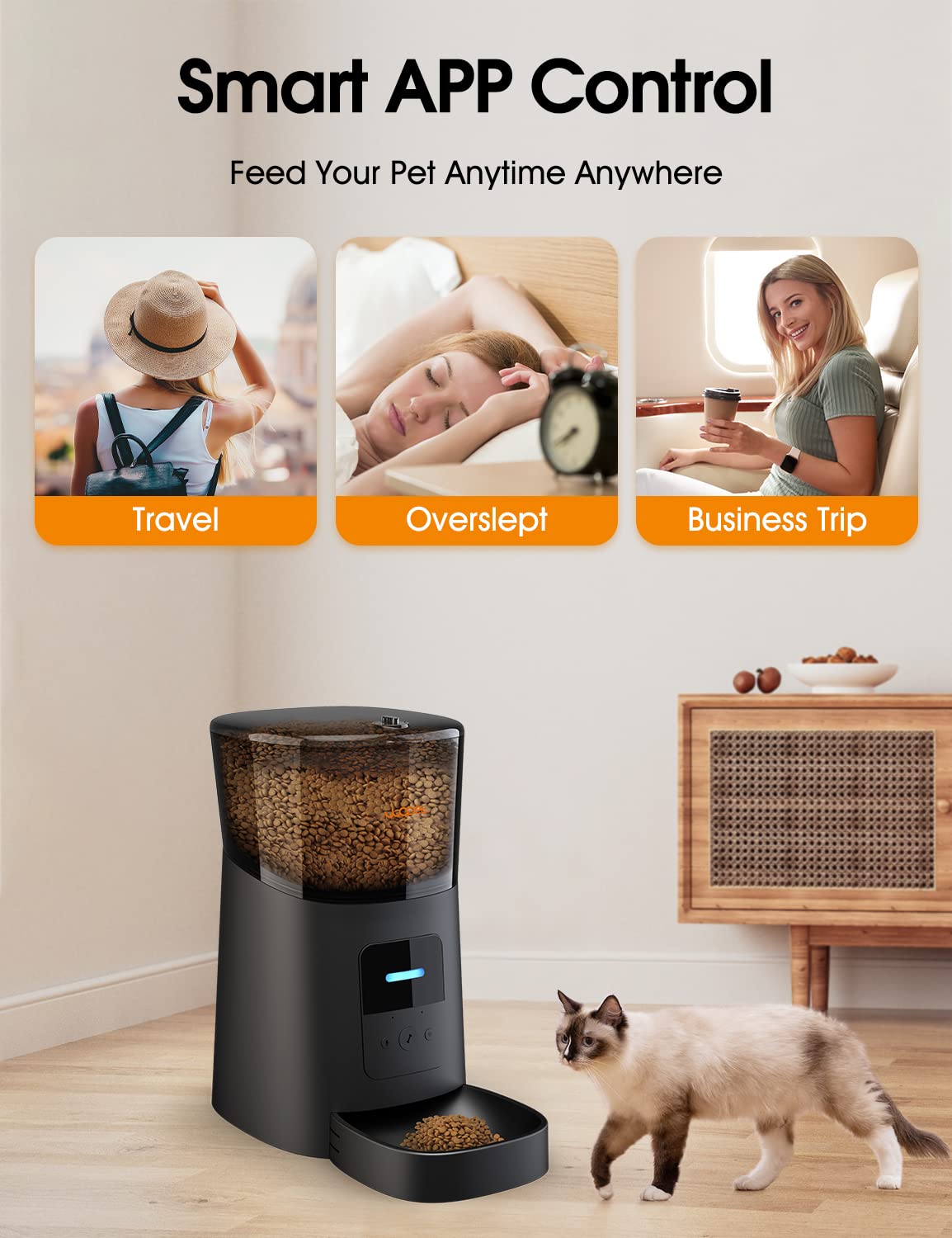 WOPET 6L Automatic Cat Food Dispenser,WiFi Automatic Cat Feeder with APP Control for Remote Feeding,Automatic Dog Feeder with Low Food Sensor and Voice Recorder,Up to 15 Meals per Day
