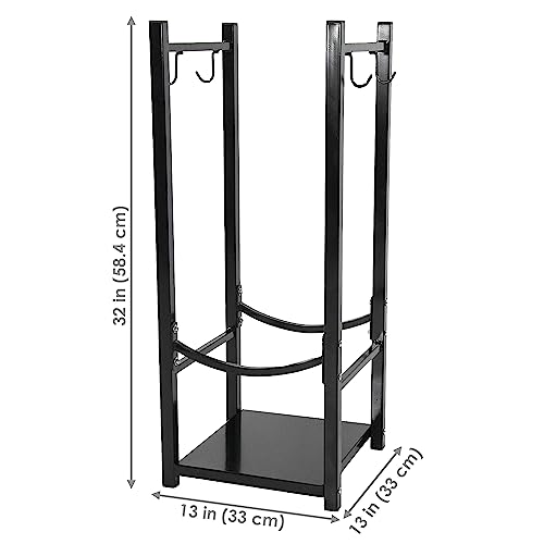 Sunnydaze Firewood Log Rack with Tool Holder Hooks - Indoor/Outdoor Durable Powder-Coated Steel Space-Saving Design - Black