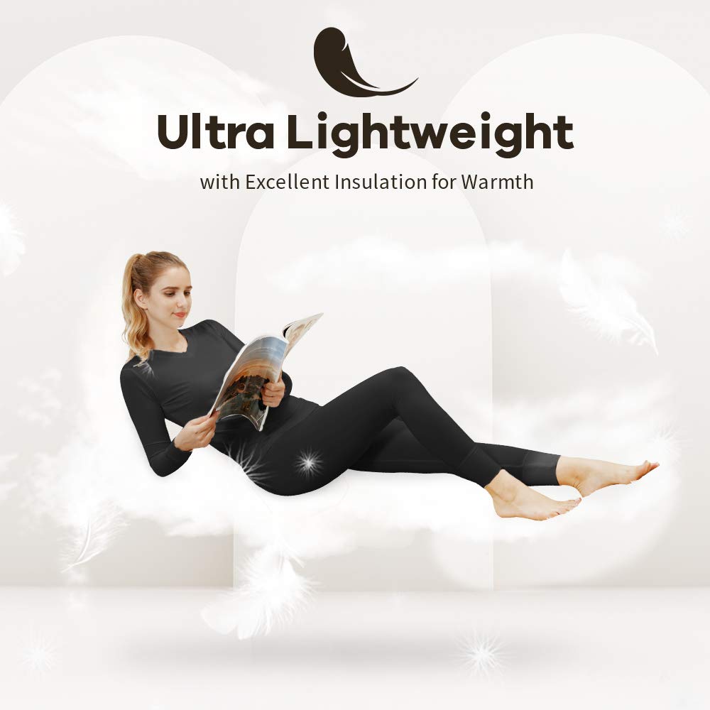 MANCYFIT Womens Thermal Underwear Long Johns Set with Fleece Lined Ultra Soft V Neck Black Large