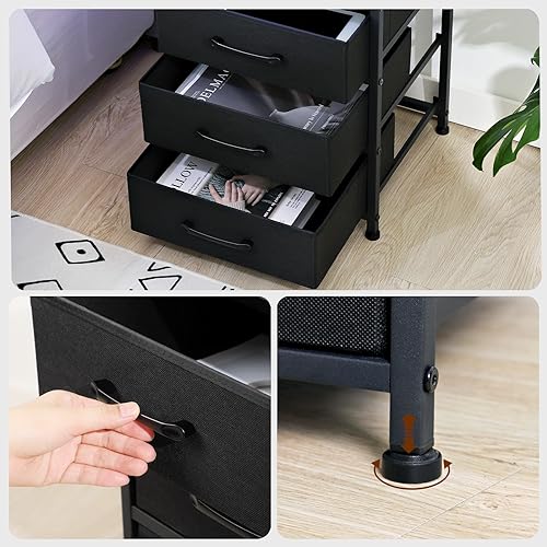 LOAKEKEL Night Stand Set 2, LED Nightstand with Charging Station, End Tables with USB C Port and Outlets, Bedside Table with 3 Storage Fabric Drawers for Bedroom, Small Space, Black, HNS023BK