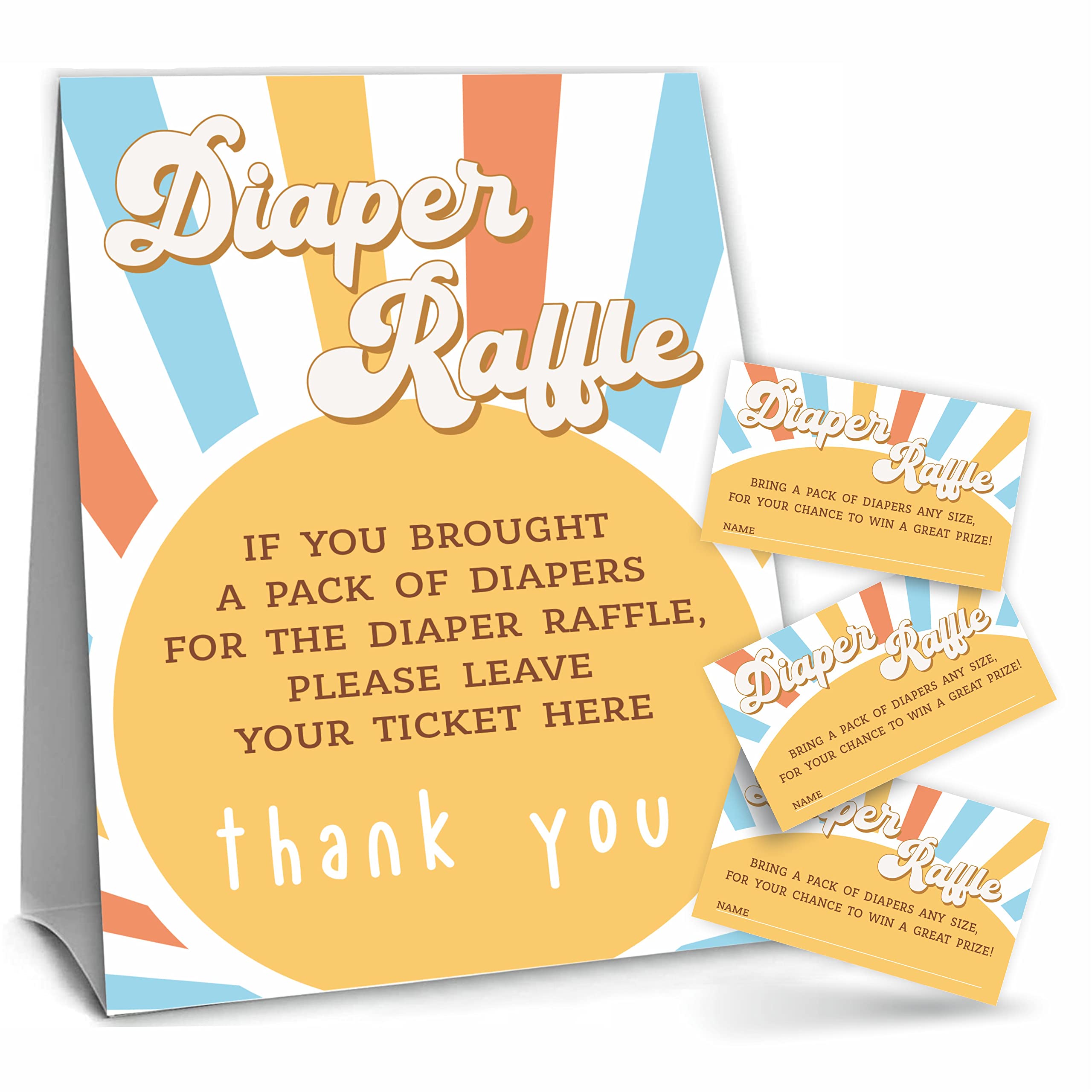 YKYENR Diaper Raffle Baby Shower Party, Diaper Raffle Game Kit，1 Diaper Raffle Standing Sign & 50 Tickets，Retro Pop Theme Baby Shower Decorations，Party Favor And Supplies-NBLK-A02