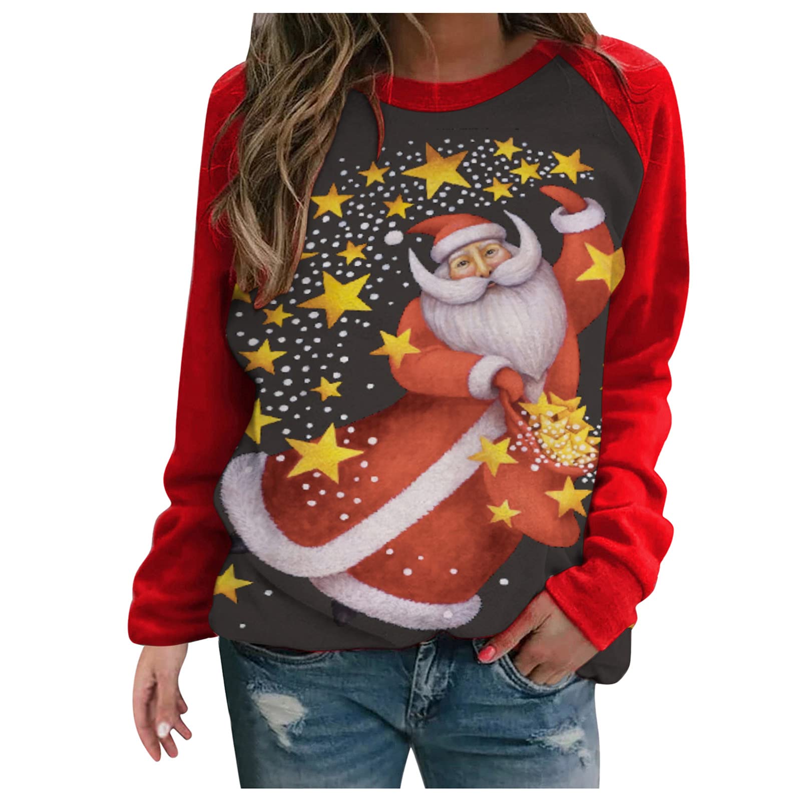 Women Long Sleeve Shirt Christmas Print Pullover Oversized Long Sleeve Tees Lightweight T Shirt Hoodies Christmas Tops