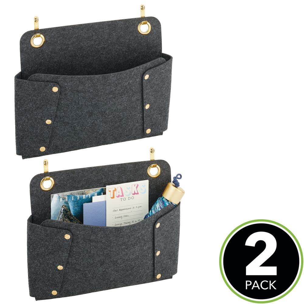 mDesign Soft Felt Over the Door Hanging Storage Organizer for Closets in Bedrooms, Hallway, Entryway, Mudroom - Hooks Included - Textured Print, 2 Pack - Dark Gray/Gold