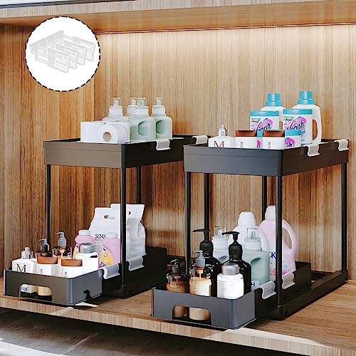 MZHSMZHR Bathroom Under Sink Organizers and Storage,Under Cabinet Organizer Kitchen, 2 Pack 2 Tier Under Counter Storage Shelves with Sliding Pull Out Drawer and Dividers, Black