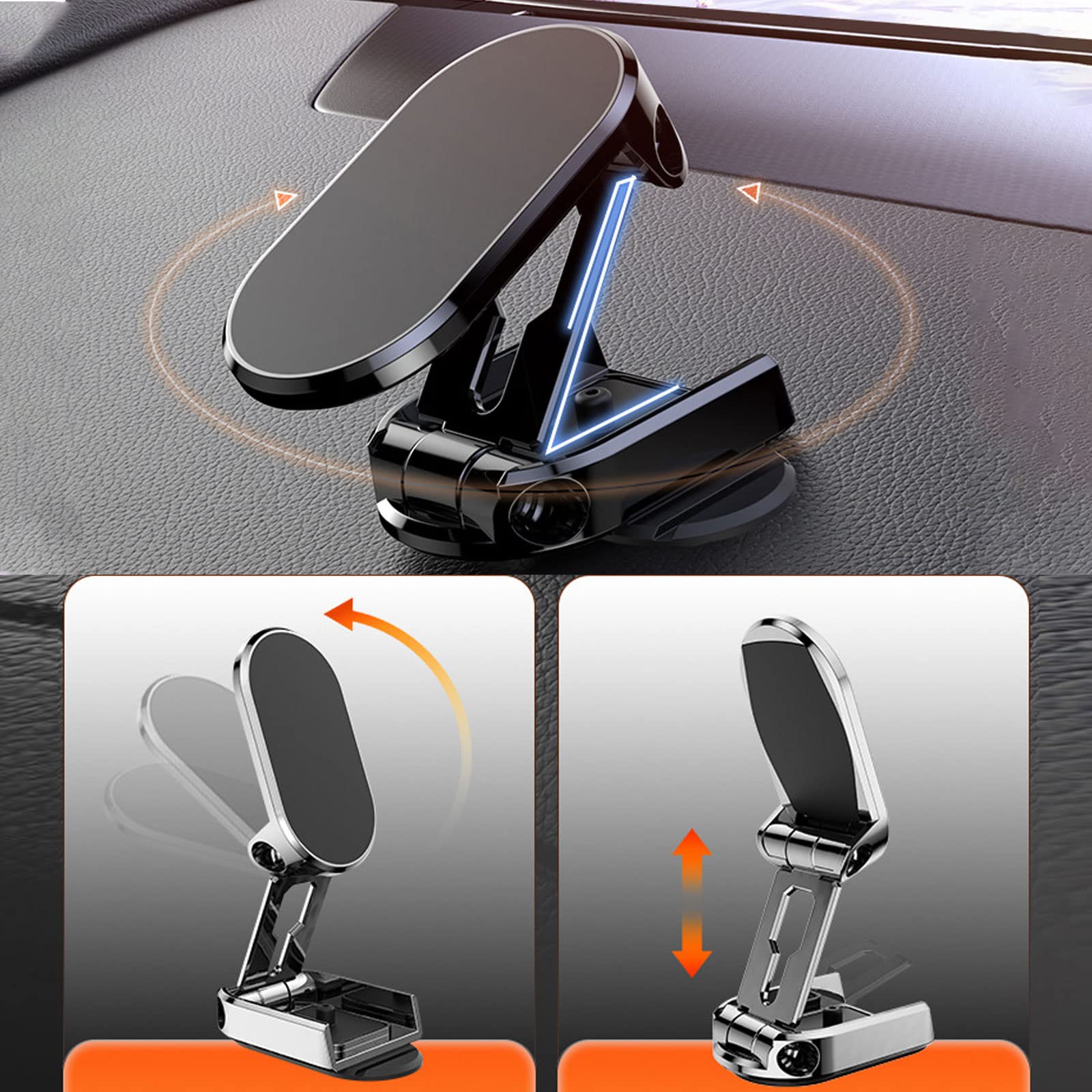 Ylahdent 2023 New Alloy Folding Magnetic Car Phone Holder, 360° Adjustable - 6 Strong Magnet Magnetic Car Phone Mount Dashboard Folding Bracket Universal (Silver)