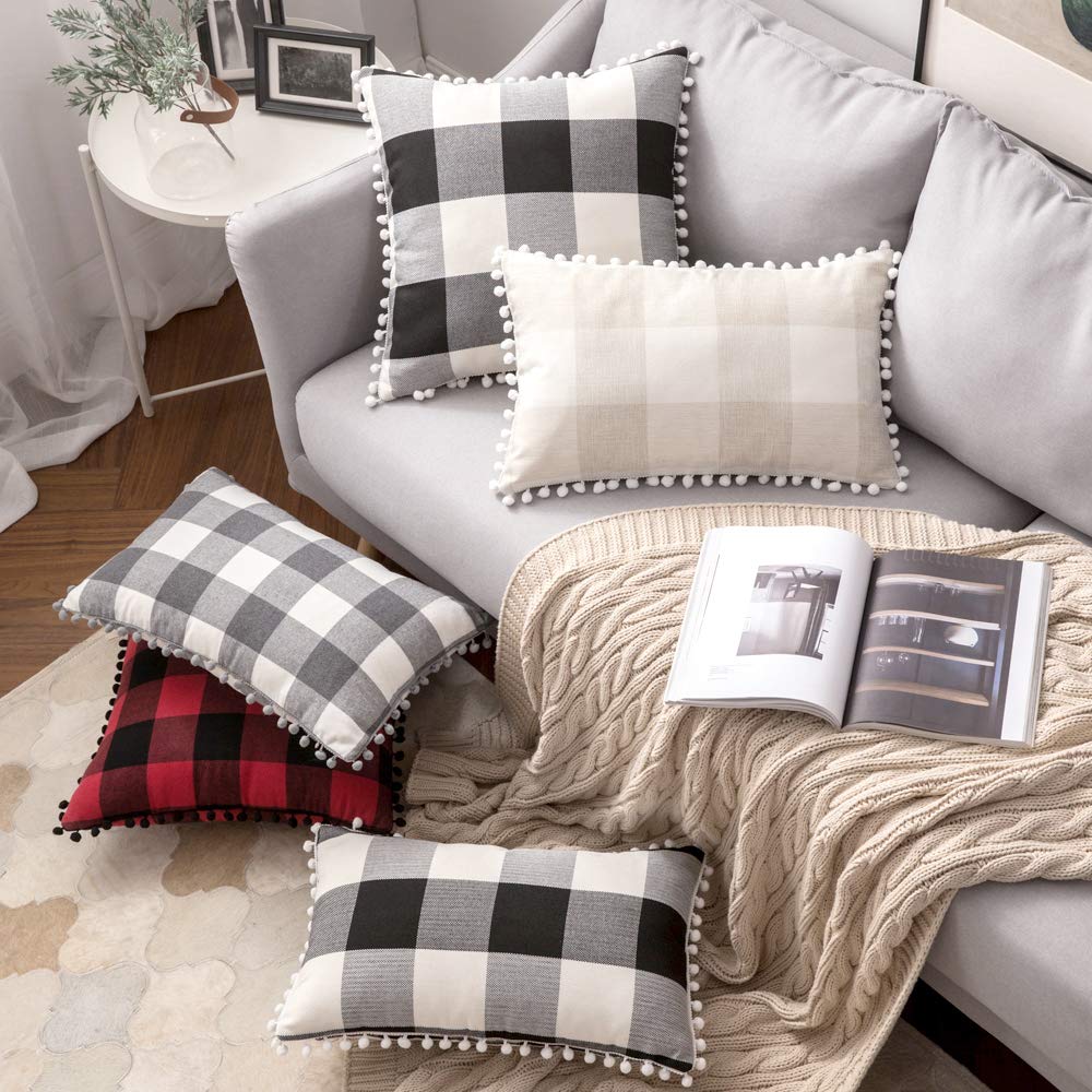 MIULEE Retro Plaid Pillow Covers Farmhouse Buffalo Check Pillow Cases with Pom-poms Decorative Throw Pillow Covers Set of 2 for Sofa Couch 20x20 Inch Red and White