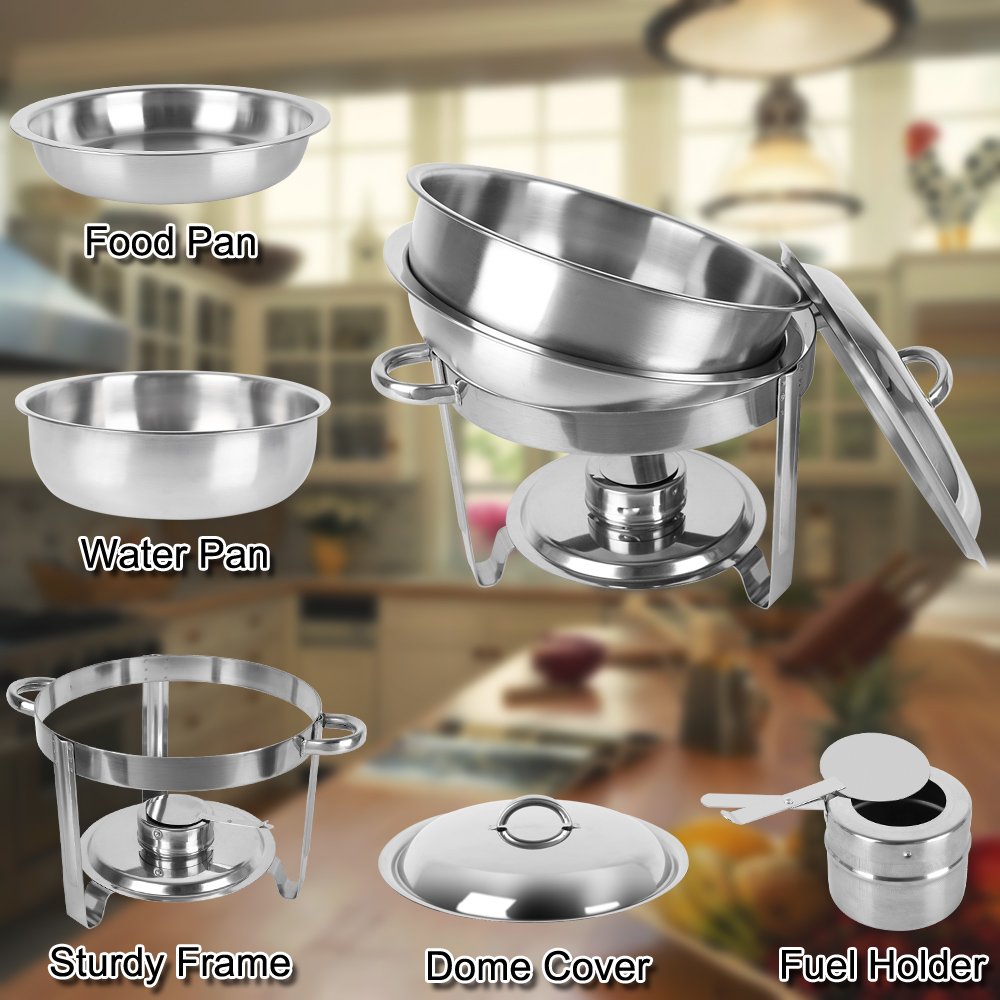 ROVSUN 5 Qt 2 Packed Full Size Stainless Steel Chafing Dish Buffet Set, NSF Silver Round Catering Warmer Set with Food and Water Trays, Mirror Cover, Thick Stand Frame for Kitchen Party Banquet