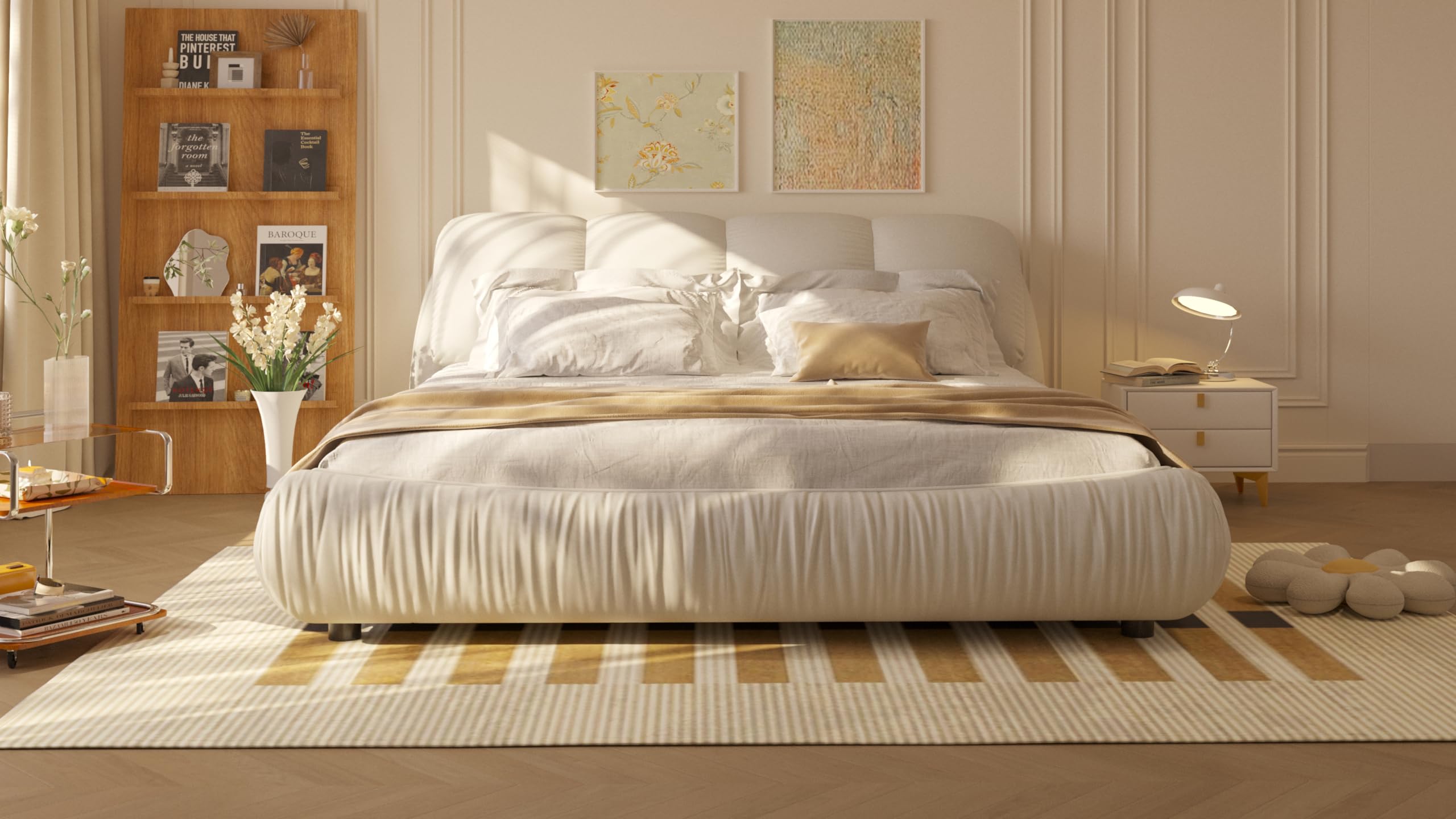 Yoglad Queen Size Contemporary Upholstered Bed, Oversized Padded Backrest Bed Frame, with Wooden Slats Support, No Box Spring Needed, Easy Assembly (Beige)
