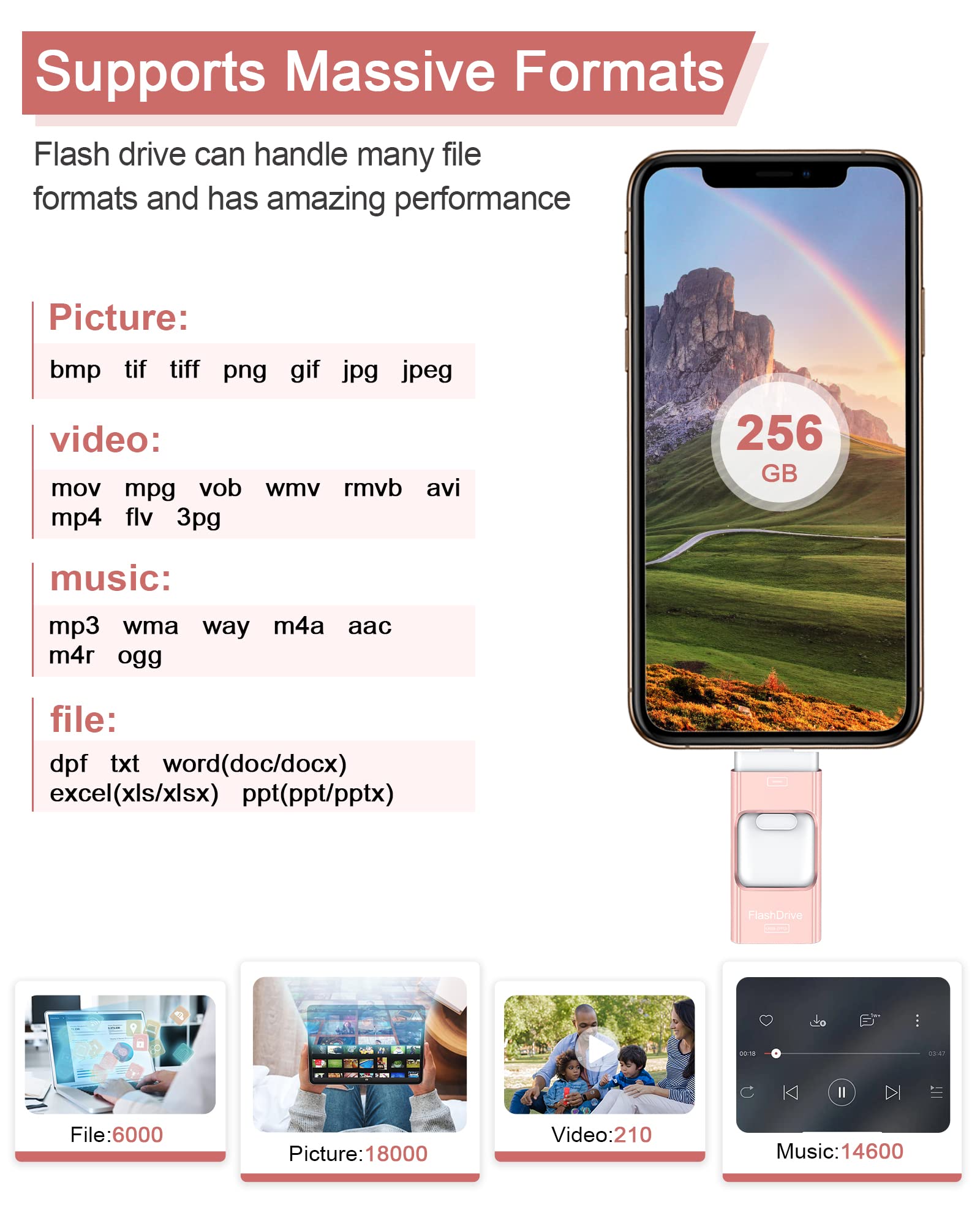 Sunany USB Flash Drive 256GB, Photo Stick Memory External Data Storage Thumb Drive Compatible for Phone, Pad, Android, PC and More Devices (Pink)