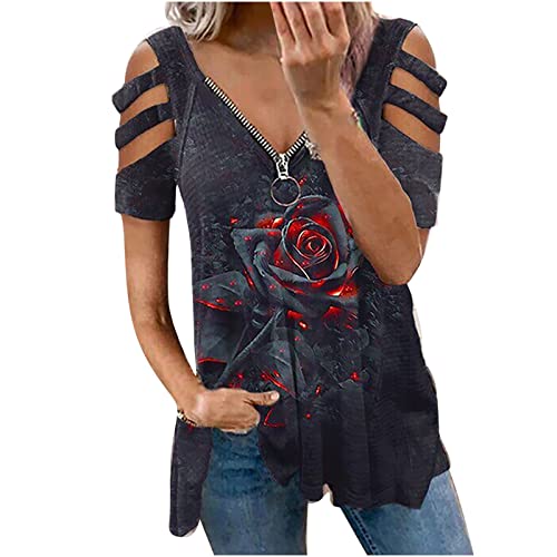 Summer Cold Shoulder Tops for Women Trendy 1/4 Zip Pullover Casual V-Neck T-Shirt Gothic Rose Graphic Tees