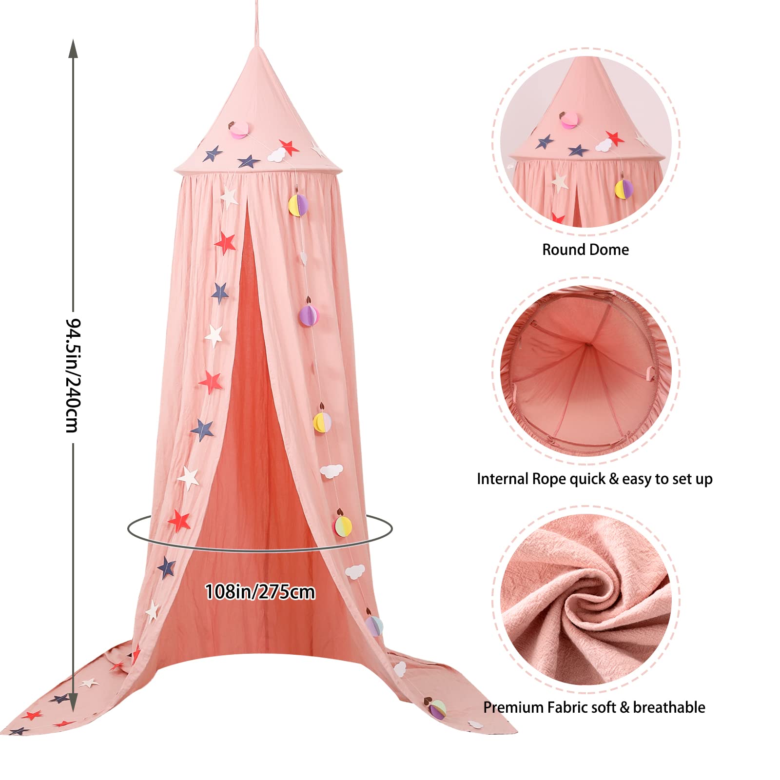 YAERSI Bed Canopy for Kids Bed, Round Dome Crib Nook Princess Castle, Play Tent Hanging Room Decoration, Dreamy Mosquito Net Bedding