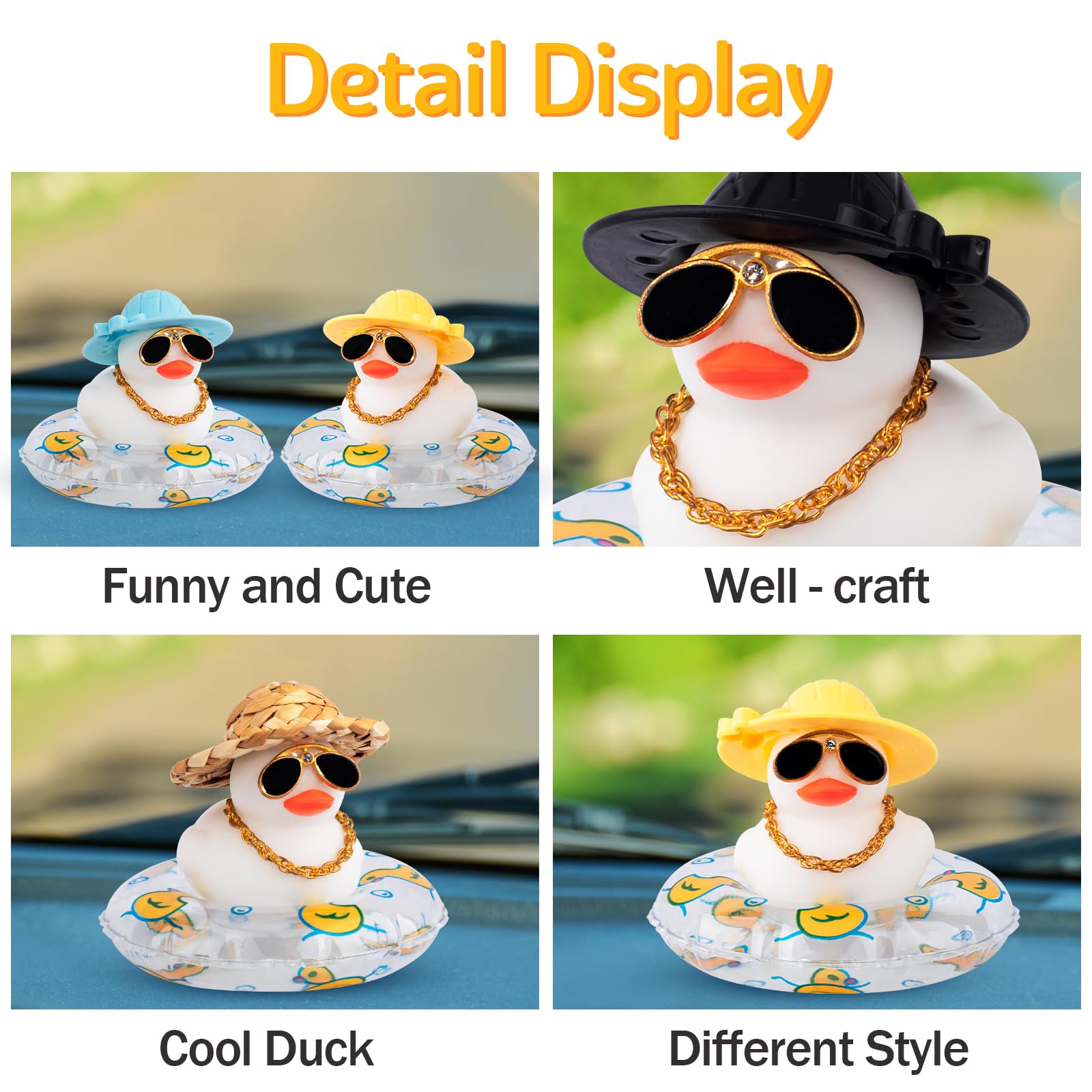 wonuu Diamond Glasses White Ducks Swim Ring Rubber Ducks with Mini Hat Necklace for Cars Dashboard Decorations Car Ornaments Duck Car Accessories