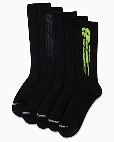 New Balance Men's Athletic Arch Cushion Comfort Crew Socks (5 Pack), Size 6-12.5, Black Logo