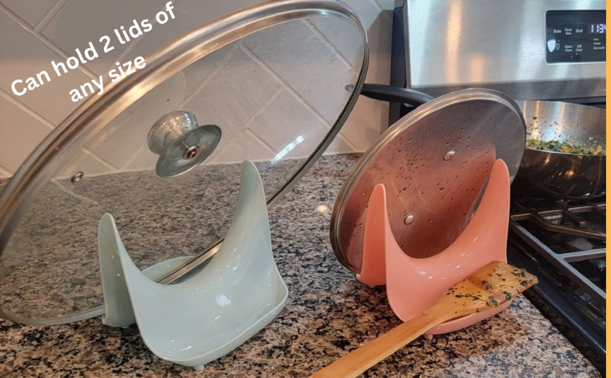 Non-Skid PP Plastic Pot Lid Stand , Cover Holder Sets Lid Rack, Multifunction 2 Side Pot Lid Holder , Pot Lid Stand for Home Kitchen, Holds 2 lids of any size or can be used as spoon rest (Green)