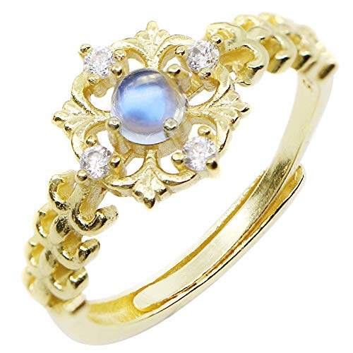 Luna Azure natural Rainbow Moonstone and 925 sterling silver with AAA Cz Goldplated Silver Adjustable Ring women girls gift present jewelry