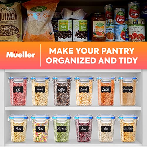 Mueller Airtight Food Storage Container Set with Lids β 14-Piece, Kitchen & Pantry Organization and Storage, Dishwasher, Freezer and Microwave Safe β 14 Labels, 4 Measuring Cups and Marker, Blue