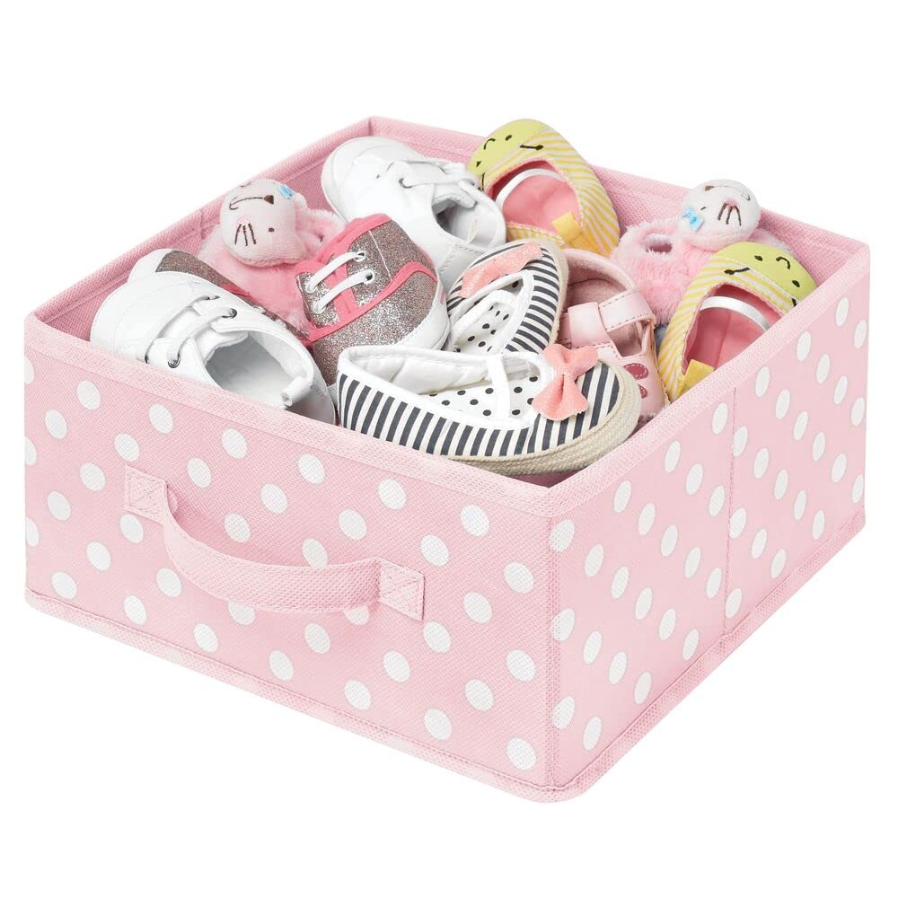 mDesign Fabric Nursery/Playroom Closet Storage Organizer Bin Box with Front Handle for Cube Furniture Shelving Units - Holds Toys, Clothes, Diapers, Bibs, 4 Pack, Pink/White Polka Dot