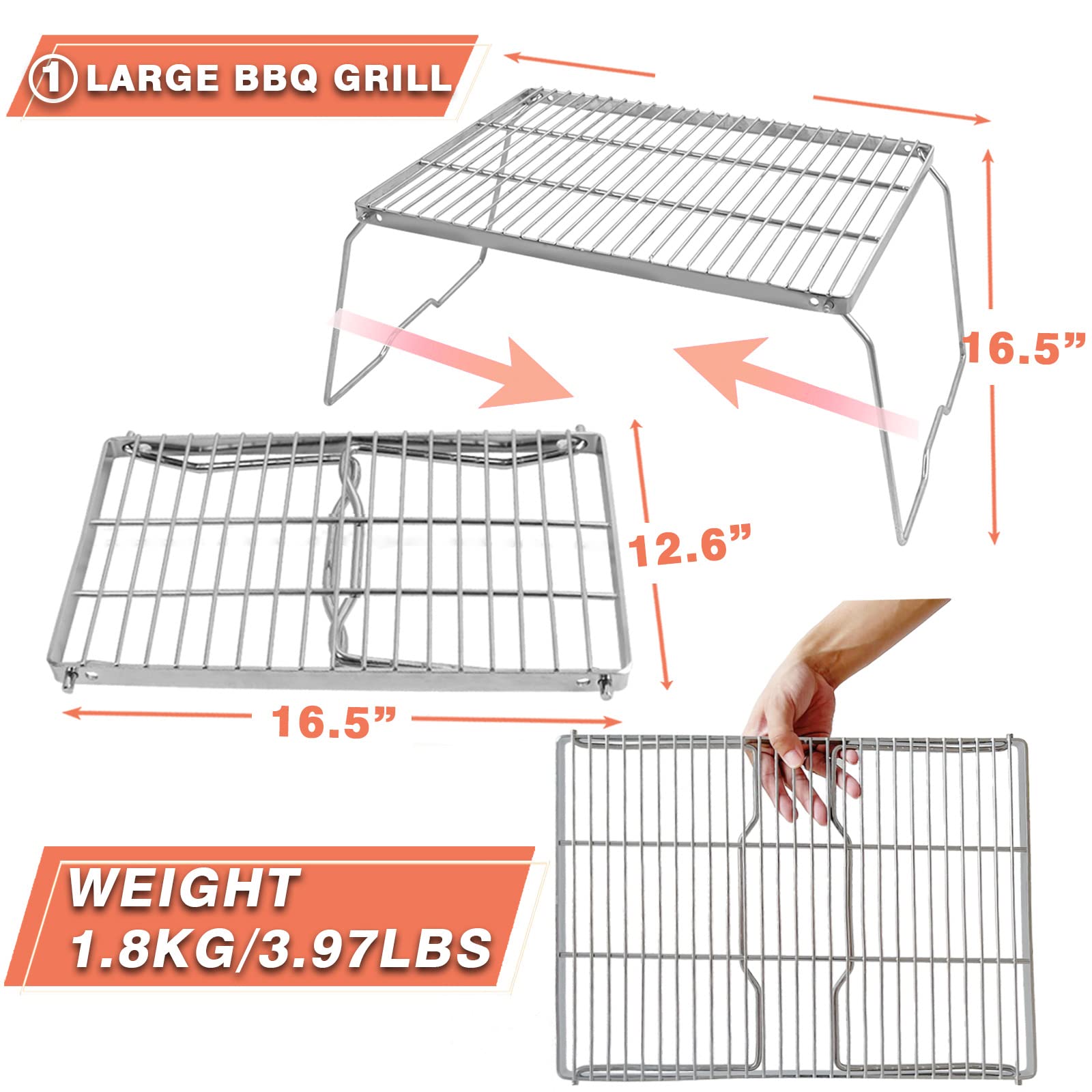 Puraville Foldable Camping Grill, Large Size Heavy Duty 304 Stainless Steel Grill with Campfire Windshield Set