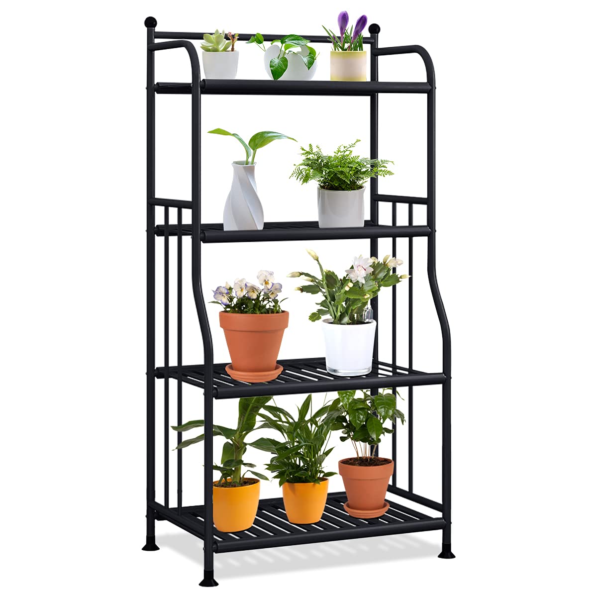 TIE-DailyNec 4 Tier Metal Plant Stand Flower Pots Holder, Multiple Home Storage Shelf Shoe Organizer Iron Indoor and Outdoor Flower Plant Display Rack for Garden Balcony Living Room Patio (Black)
