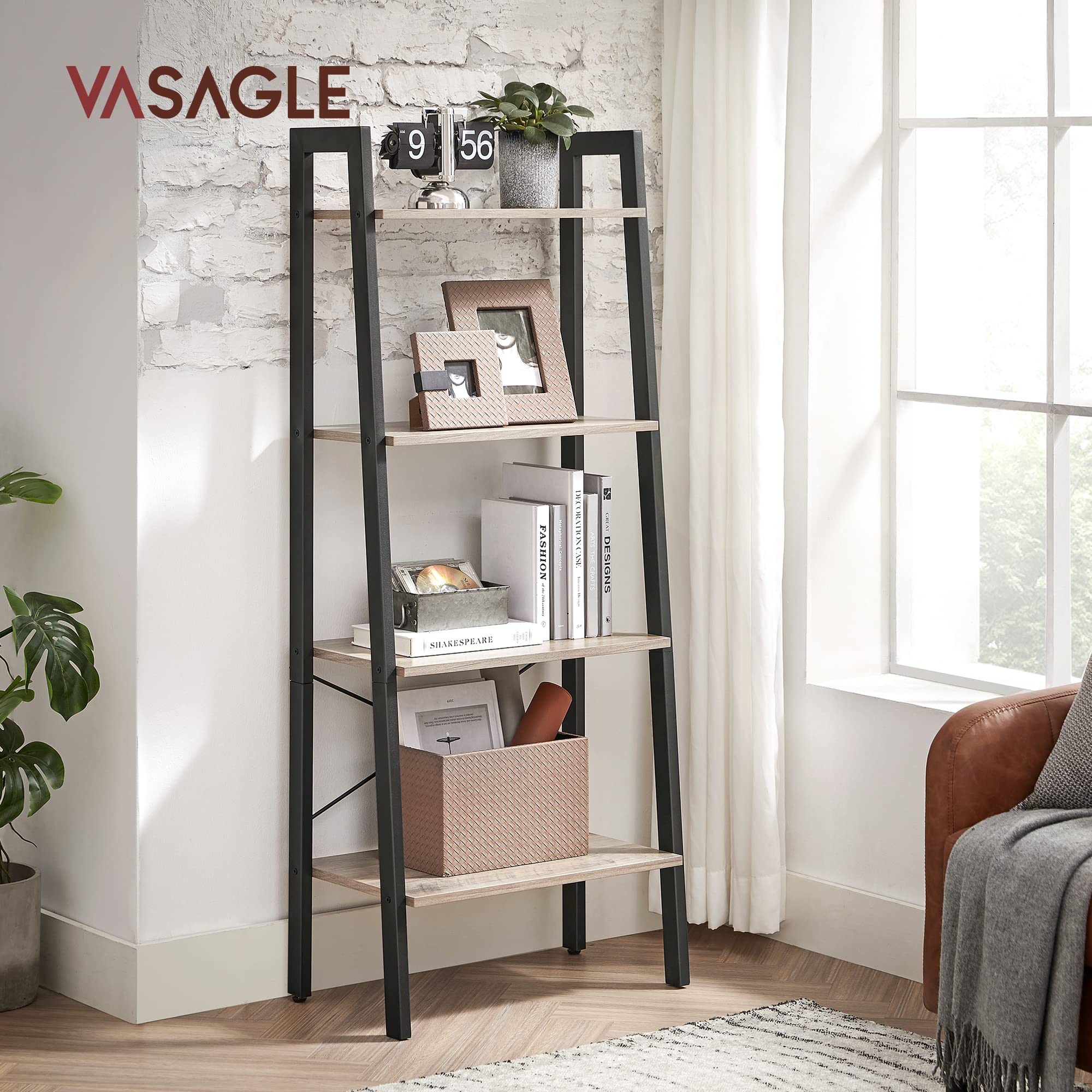 VASAGLE Ladder Shelf and Rolling Filing Cabinet Bundle, Industrial Style Office Storage Units, Mobile Cabinet on Wheels with Drawers, Greige and Black ULLS44MB and UOFC071B02
