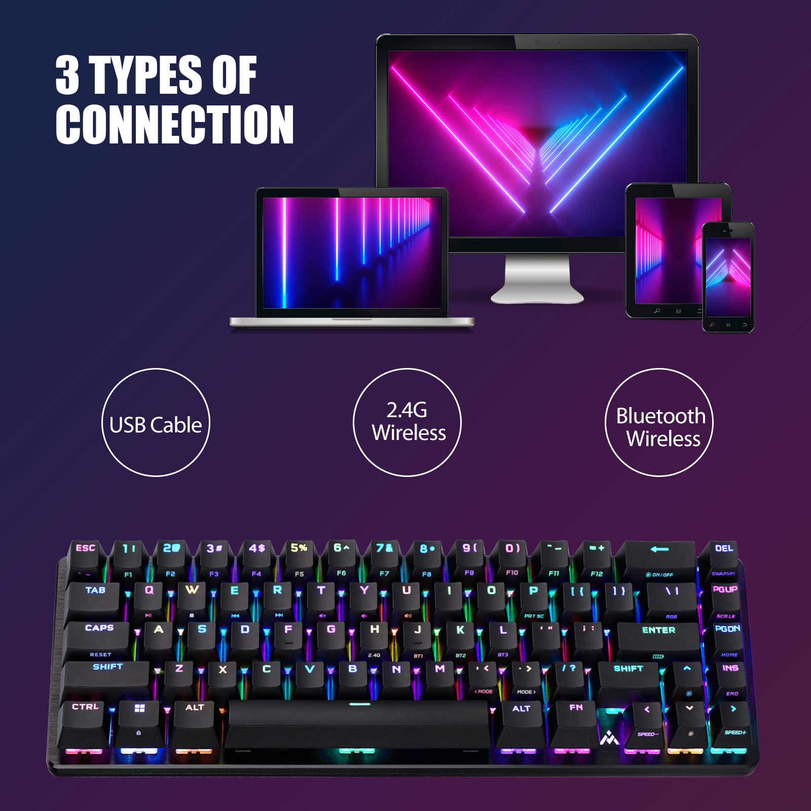TIETI 2.4GHz Wireless/Bluetooth/Mechanical Gaming Keyboard, Hot Swappable Keyboard with RGB Backlit, Full Keys Programmable, 4200mAh Battery, Cherry MX Red Switches