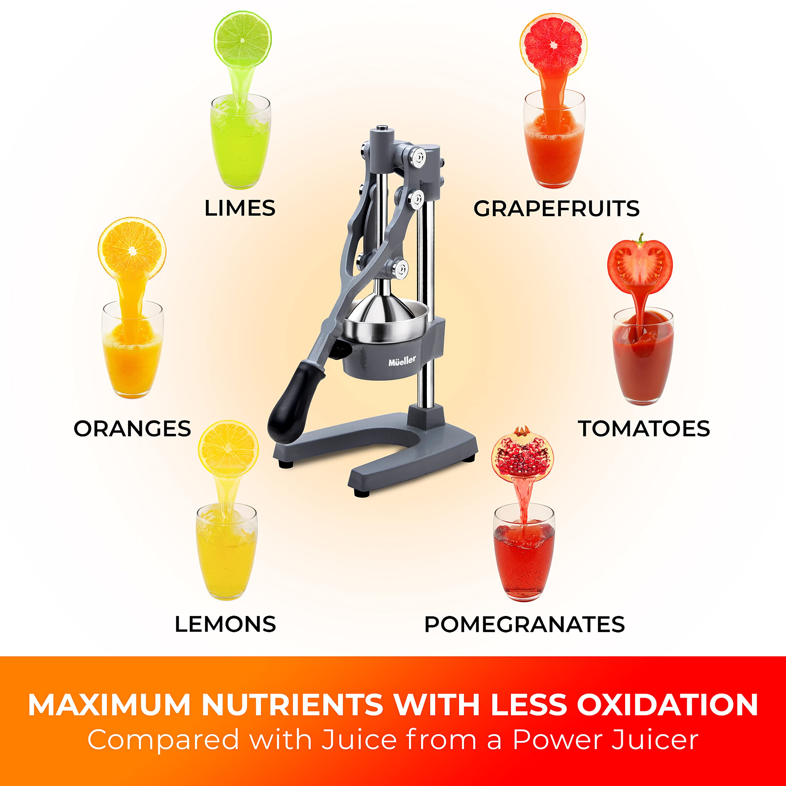 Mueller Professional Citrus Juicer - Manual Citrus Press and Orange Squeezer - Metal Lemon Squeezer - Premium Quality Heavy Duty Manual Orange Juicer and Lime Squeezer Press Stand, Gray