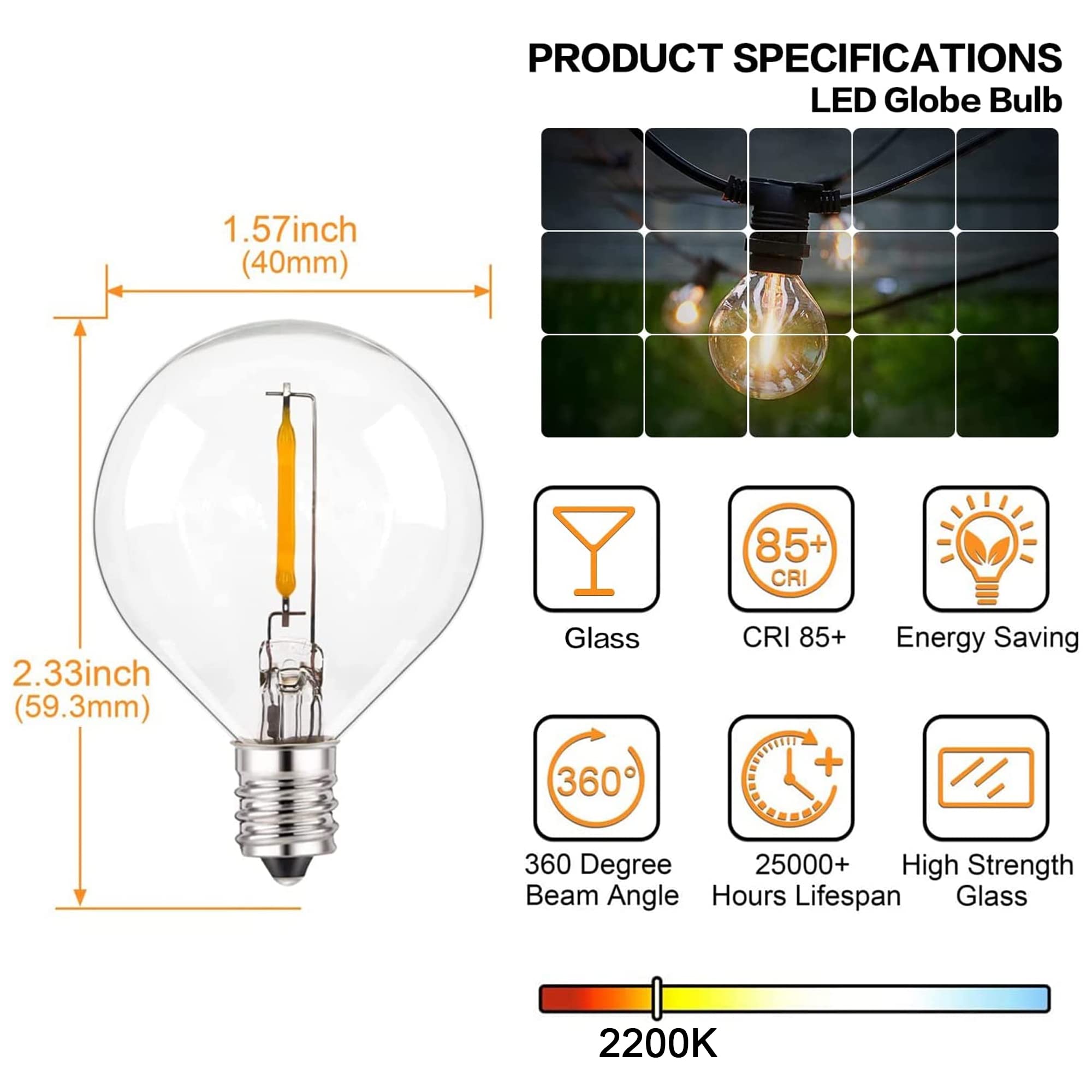 Pack of 25 G40 Clear Glass Replacement Bulbs 1W Equivalent 10W E12 Screw Base Soft Warm White 2200K Globe Light Bulb for Indoor or Outdoor G40 Led String Light Party Patio Garden Decor CRI 85+