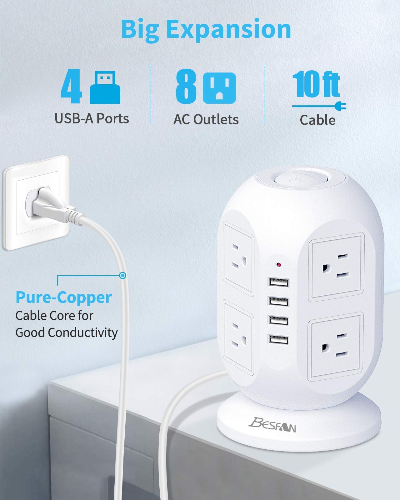 Surge Protection Power Strip Tower, BESFAN 10 FT Extension Cord with 8 AC Outlets and 4 USB Ports, Indoor Extension Cord with Overload Protection
