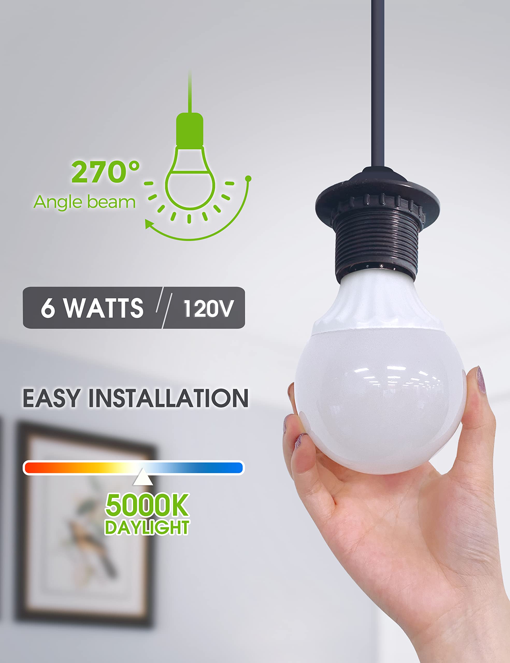 LOHAS G25 Globe Light Bulbs, LED Vanity Lights 40-45W Equivalent, Bathroom Round Light Bulb, E26 Edison Base Lamp for Bathroom Makeup Mirror Home Lighting, Non-Dim, 6 Pack