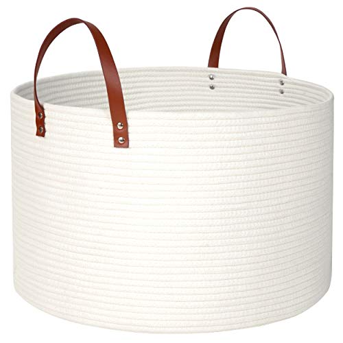 MINTWOOD Design Extra Large 20 x 13 Inches Decorative Cotton Rope Basket, Blanket Basket Living Room, Woven Laundry Basket, Storage Baskets Bin, Round Pillow Towel Basket with Long Handles, White