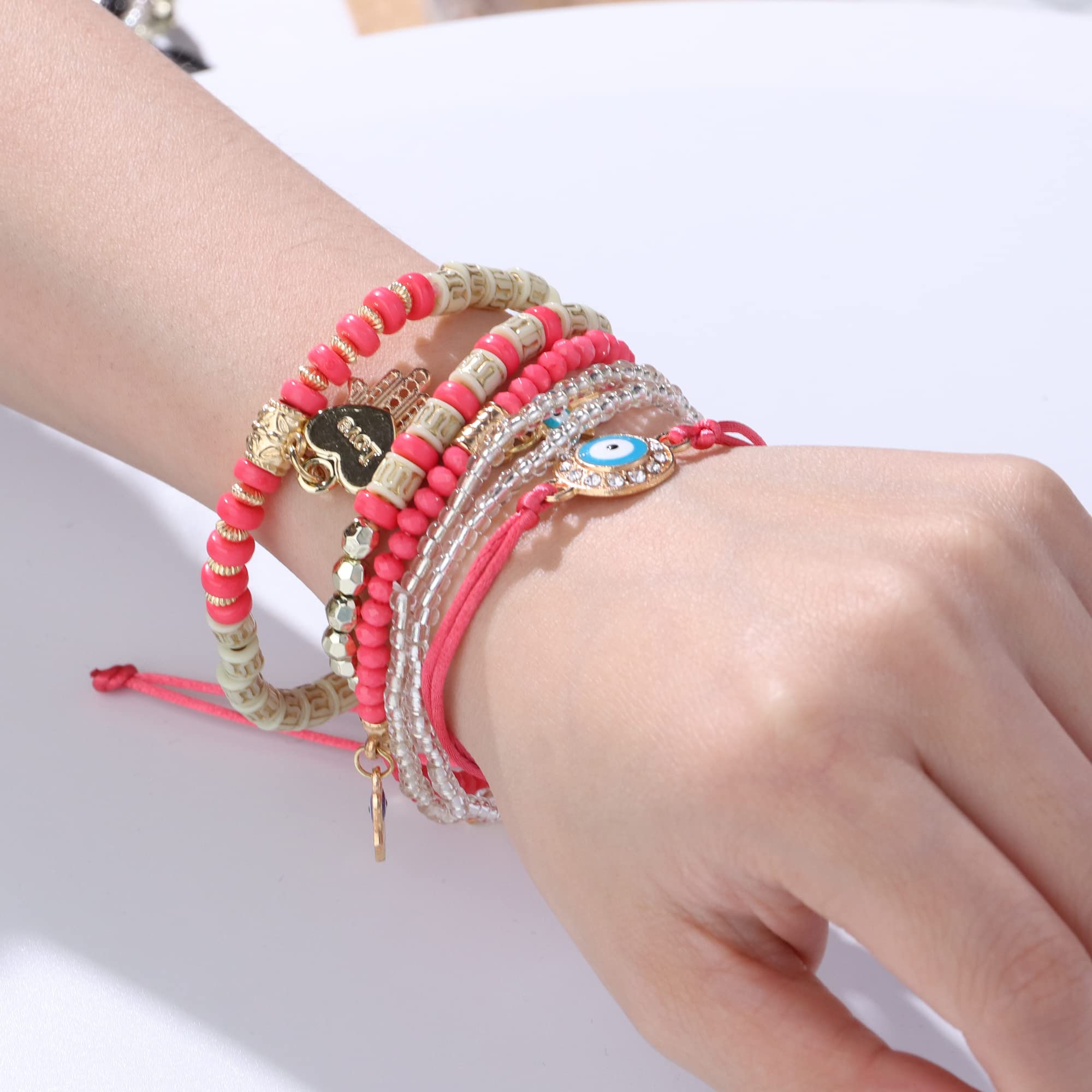 sailimue 6 Sets Bohemian Stackable Bead Bracelets for Women Multicolor Stretch Evil Eye Beaded Bracelets Layered Bead Adjustable Bracelet Jewelry