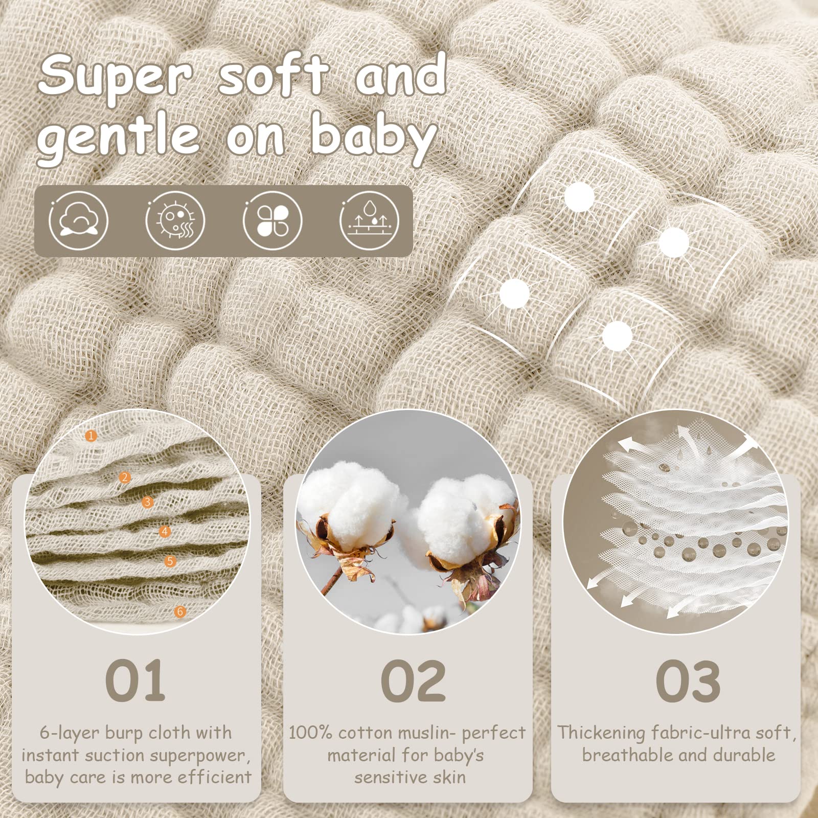 Looxii 100% Cotton Muslin Burp Cloths Large 20''x10'' Extra Soft and Absorbent 6 Pack Baby Burping Cloth for Boys and Girls (Apricot)