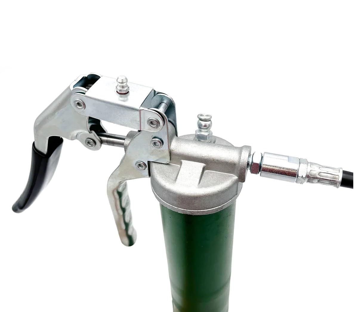 LockNLube Heavy-Duty Pistol Grip Grease Gun. Includes our patented LockNLubeĀ® Grease Coupler (Locks On, Stays On, Won't Leak!) plus a high-quality 20" hose and in-line hose swivel