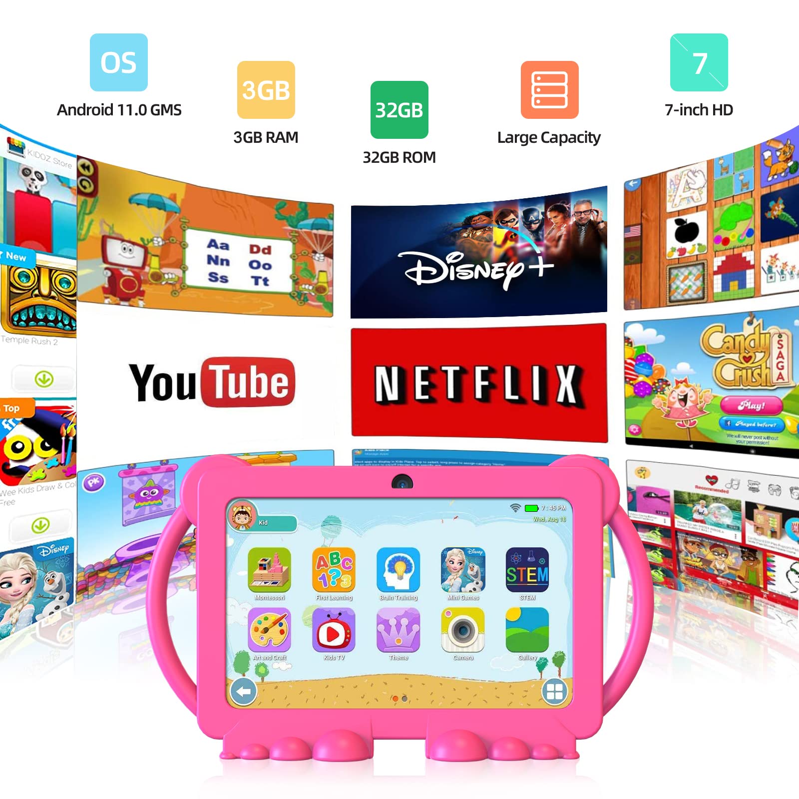 NORTH BISON Kids Tablet, 7 inch Android 11.0 Tablet for Kids, 3GB 32GB Toddler Tablet with Bluetooth-Pink