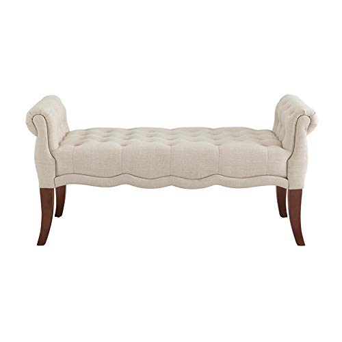 Linon Laurel Upholstered Roll Arm Bench with Walnut Wood Legs in Beige Fabric
